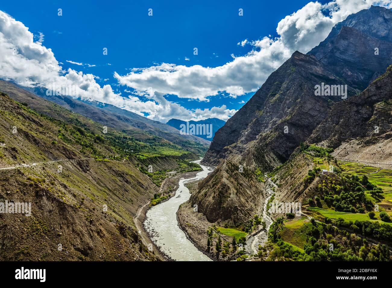 Chandra River in Himalayas and road. Lahaul Valley, Himachal Pradesh ...