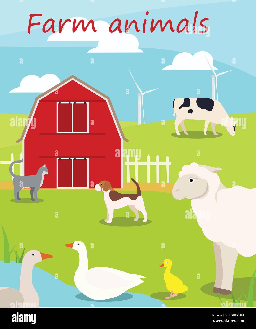 Farm animals with landscape - cow, pig, sheep, horse, donkey, goose ...