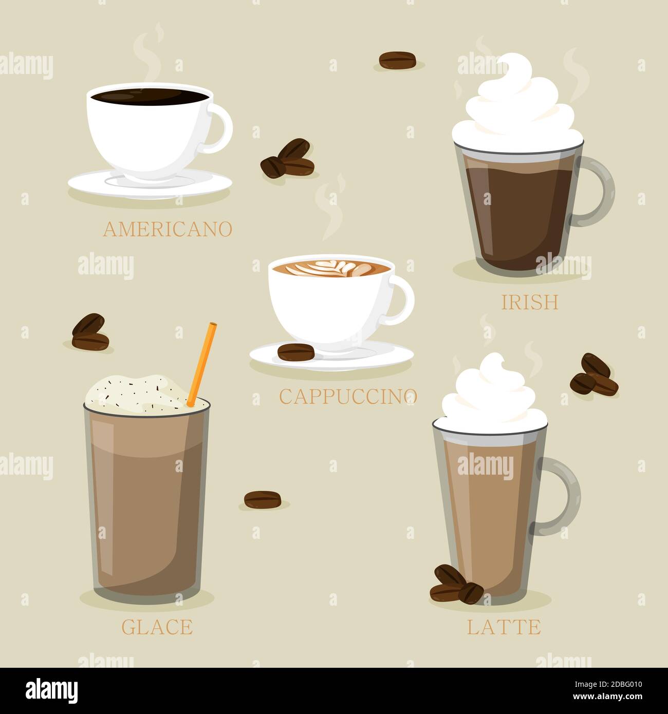 Types of delicious coffee and ice coffee Vector illustration Stock ...