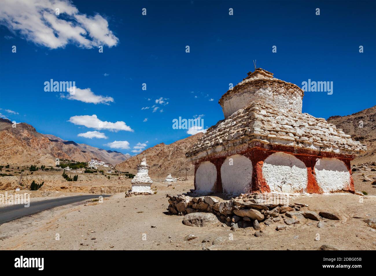 Whitewashed chortens Buddhist stupas near Likir monastery. Ladakh ...
