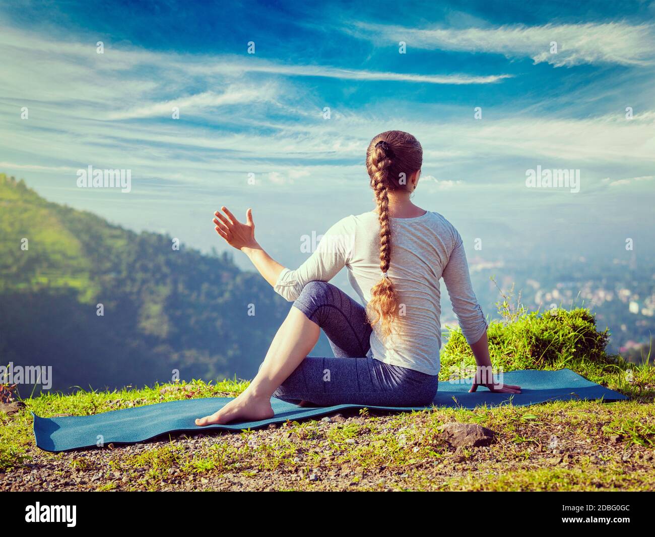 Vintage retro effect hipster style image of sporty fit woman practices ...