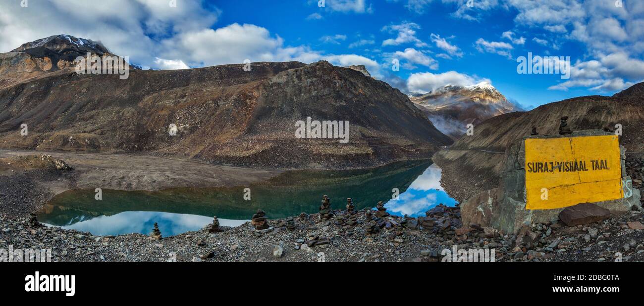 Panorama of mountain lake Suraj Tal in Himalayas on Manali-Leh road on ...
