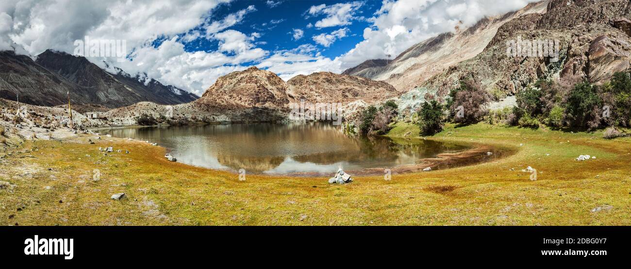 Panorama of Lohan Tso - Buddhist sacred holy lake in Himalayas. Nubra ...