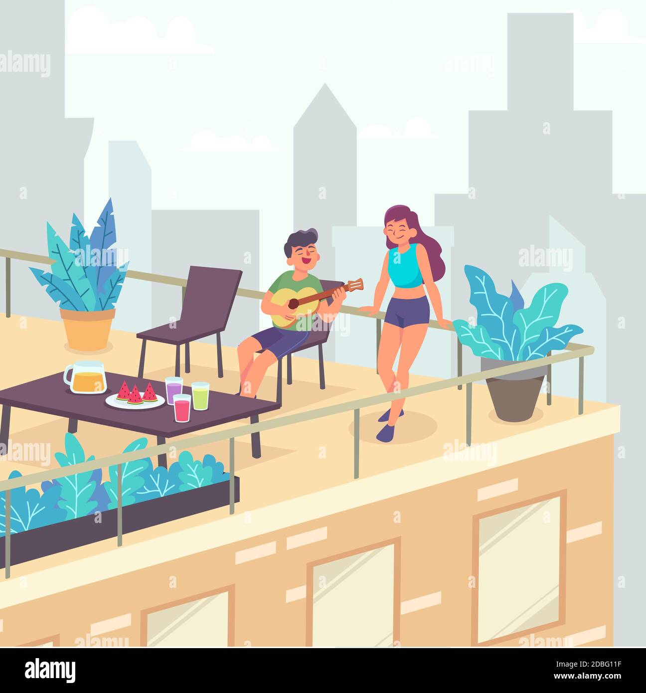 Staycation on a rooftop terrace Vector illustration Stock Vector Image ...