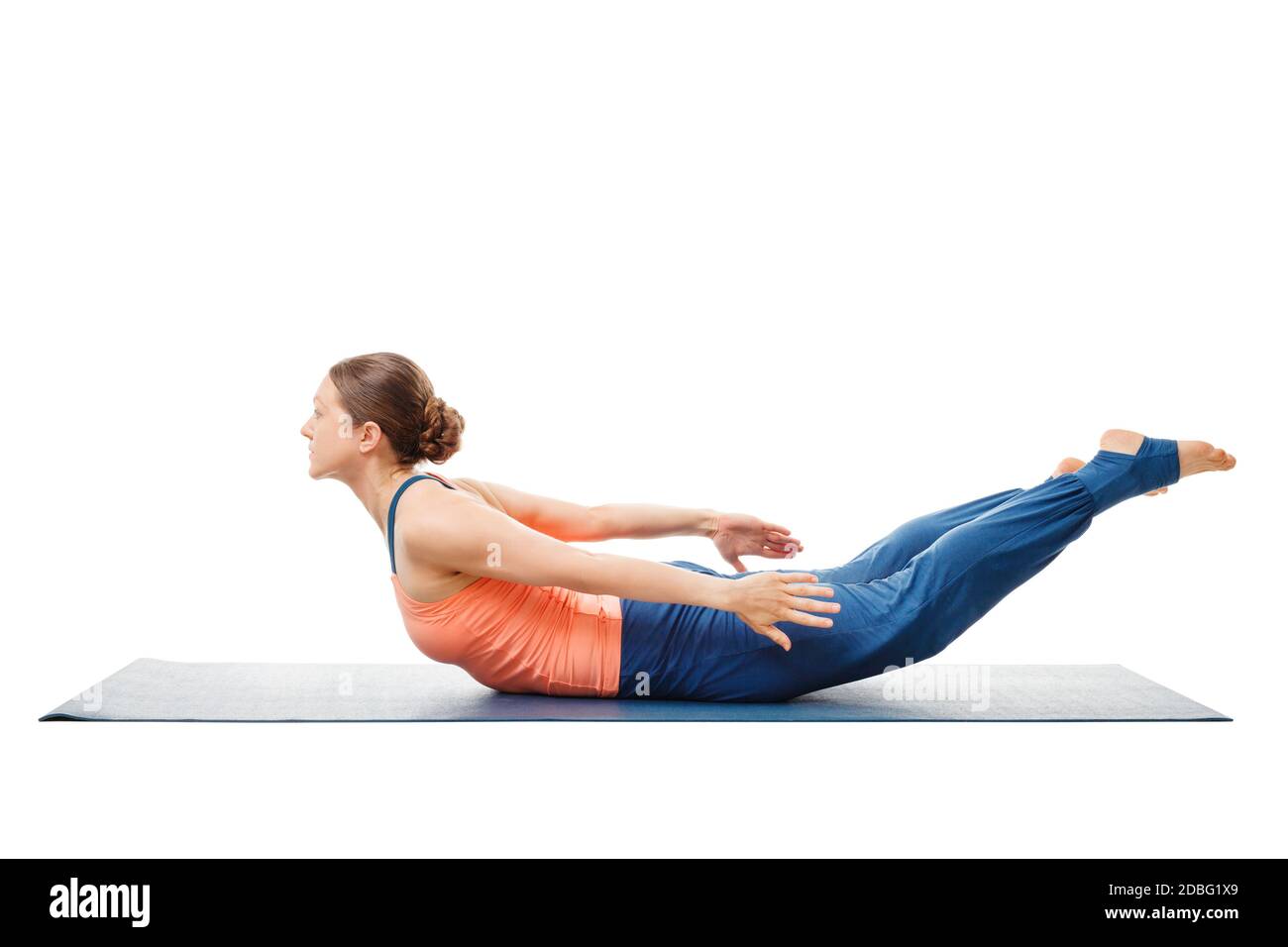 Woman doing Yoga asana Salabhasana B - locust pose B isolated on white ...