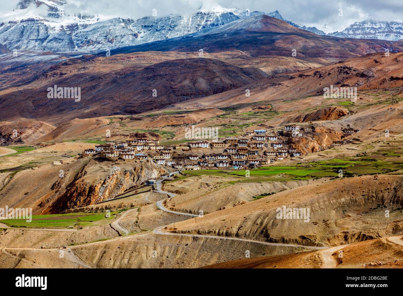 Kibber village in Himalayas. Lies in a narrow valley on the summit of a ...