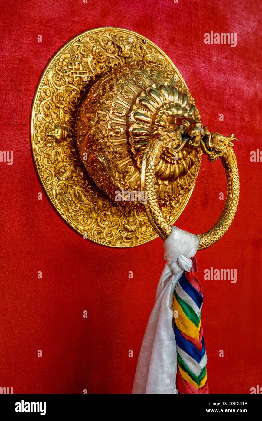 Lion shaped door handle in Buddhist temple. Kaza, Spiti Valley ...