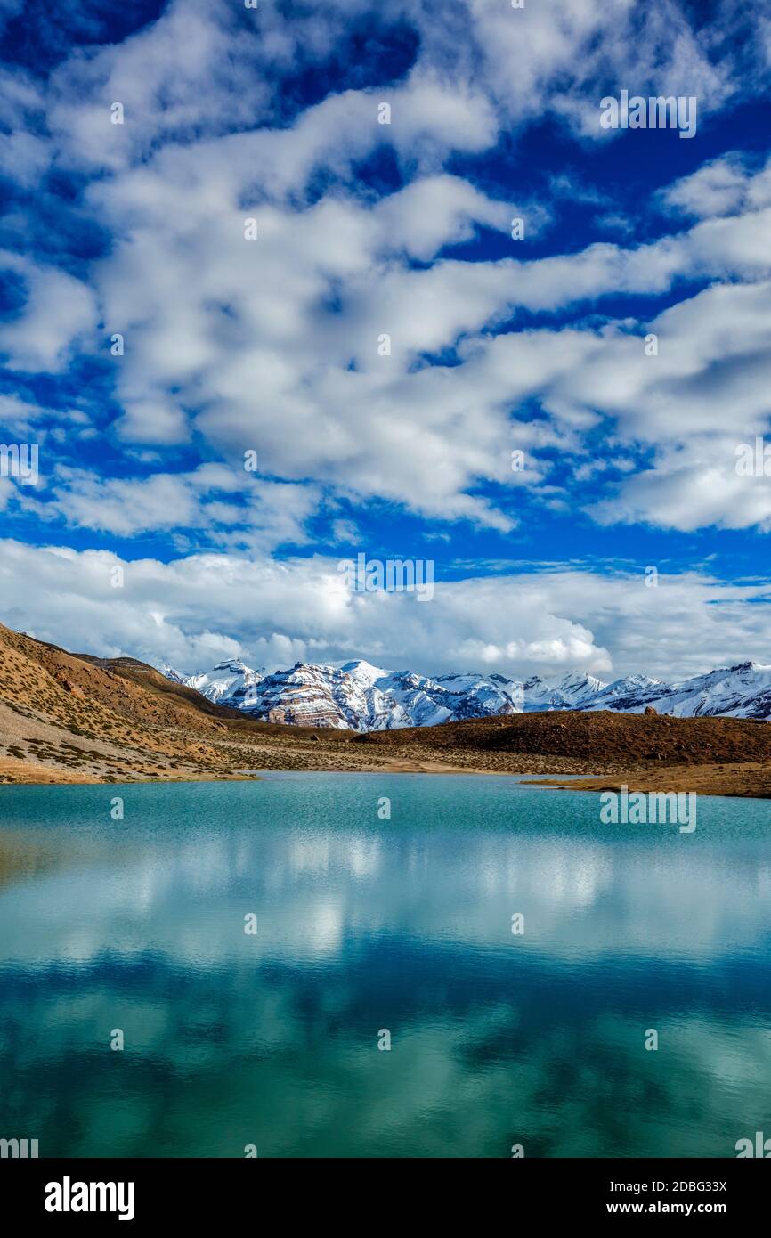 Himalayas mountains refelcting in mountain lake Dhankar Lake. Spiti ...