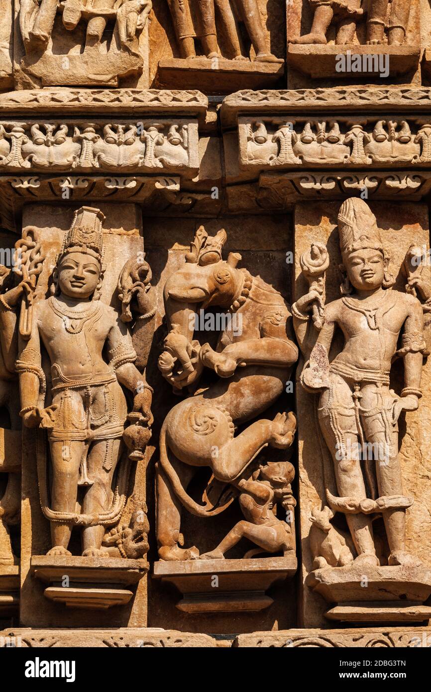 Stone carving bas relief sculptures on Adinath Temple, Khajuraho ...