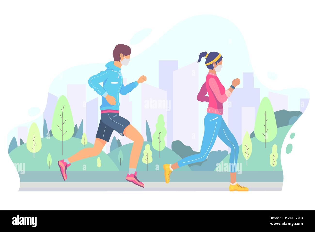 Runners with medical masks outdoors Vector illustration Stock Vector ...