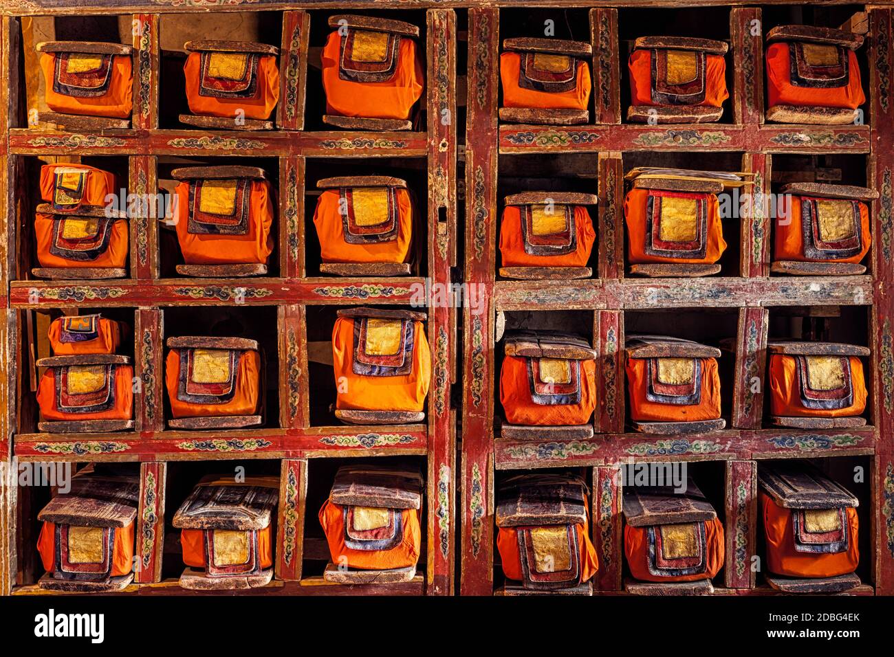 Folios of old manuscripts in library of Thiksey Gompa (Tibetan Buddhist ...