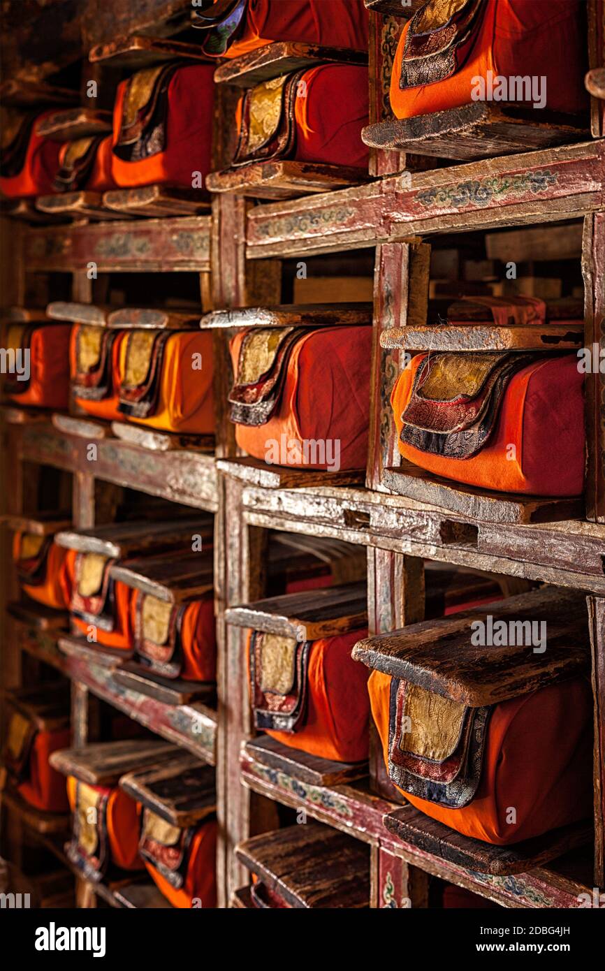 Folios of old manuscripts in library of Thiksey Gompa (Tibetan Buddhist ...