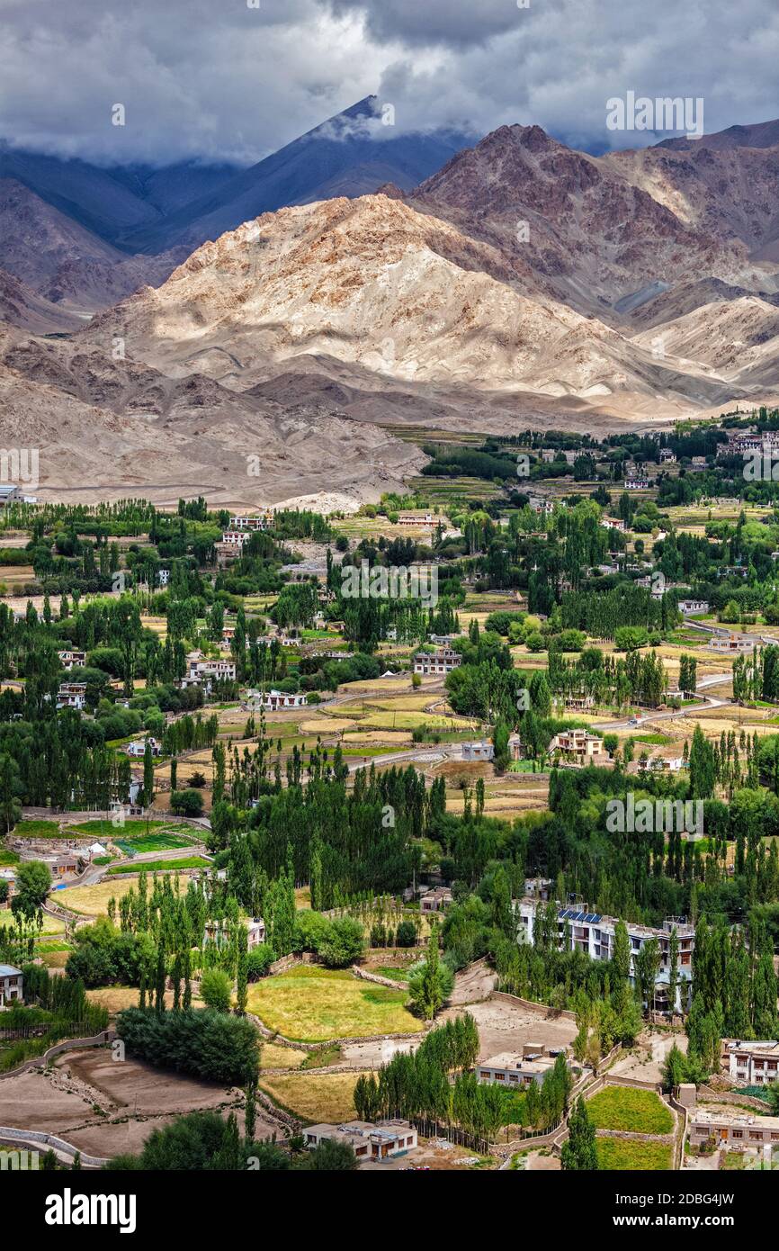 Aerial view of houses in Indus valley in Leh city in Ladakh (Little ...