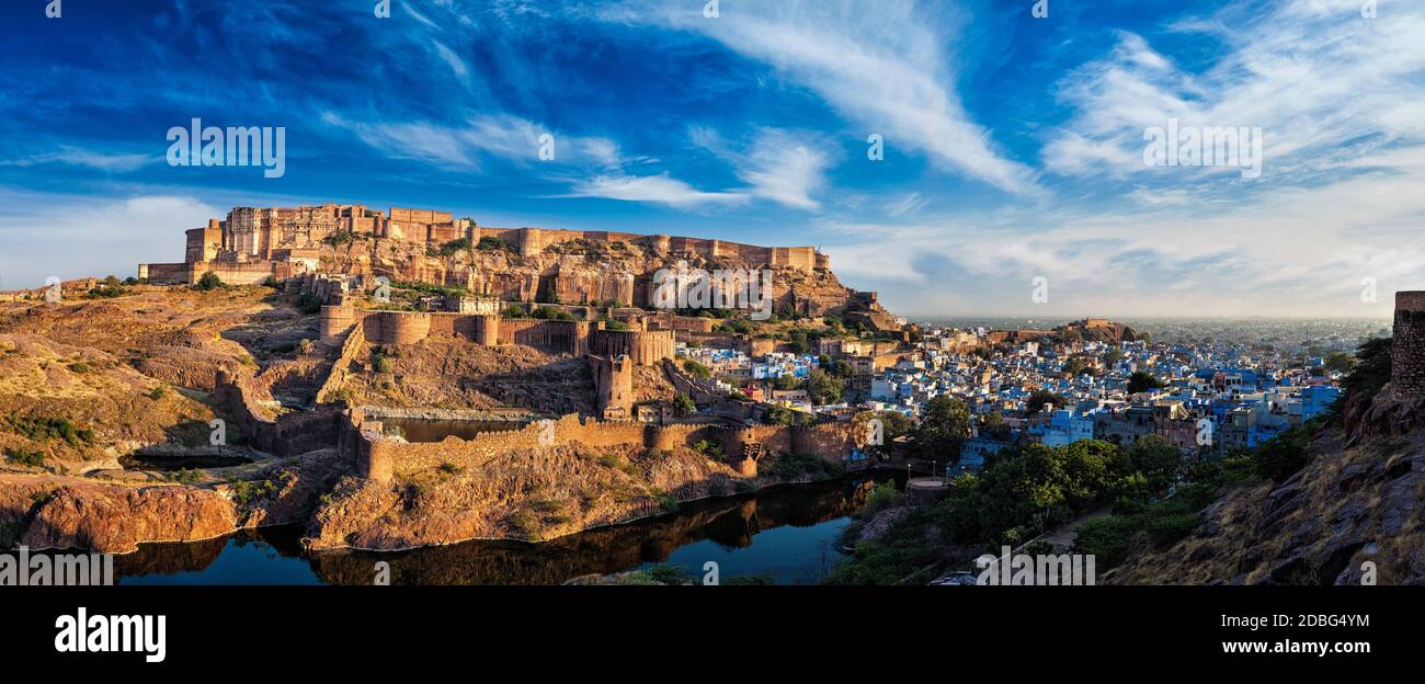 Panorama of Mehrangarh Fort and Padamsar Talab and Ranisar Talab lakes ...
