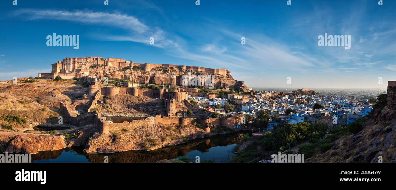 Panorama of Mehrangarh Fort and Padamsar Talab and Ranisar Talab lakes ...