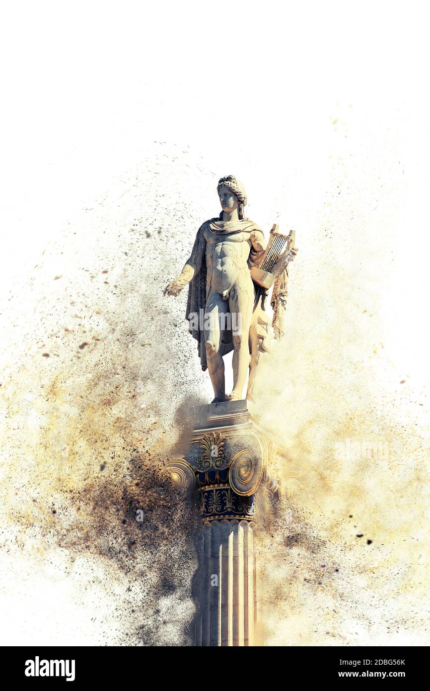 classical Apollo god statue disperse dust effect on white background ...
