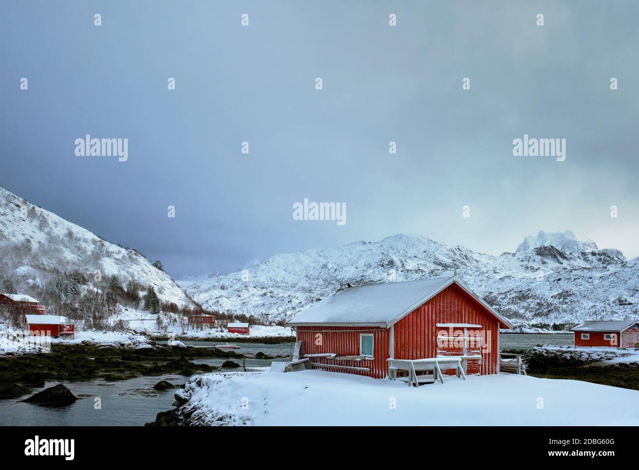 Traditional red rorbu house on fjord shore with heavy snow in winter ...