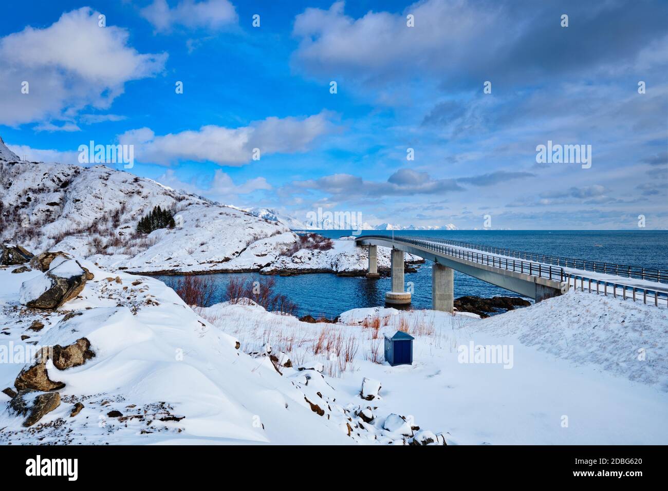 View of Djupfjord Bridge Djupfjordbrua over the fjord in winter ...