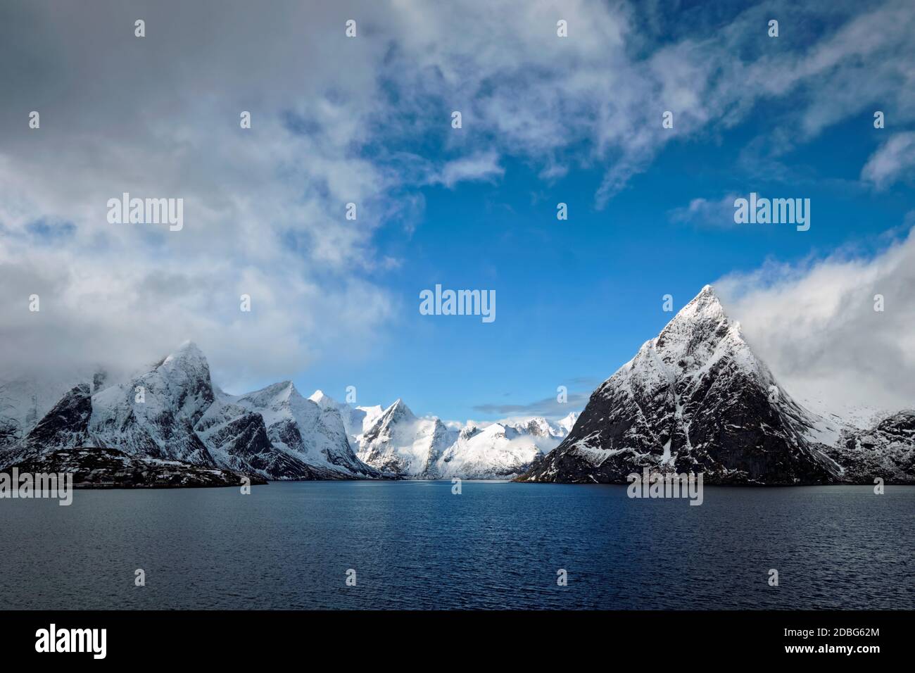 Norwegian fjord and mountains with snow in winter. Lofoten islands ...