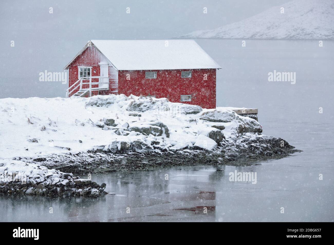 Traditional red rorbu house on fjord shore with heavy snow in winter ...