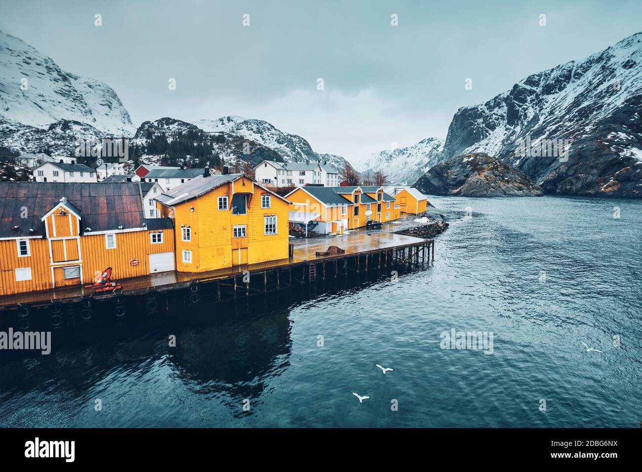 Panorama of Nusfjord authentic fishing village with yellow rorbu houses ...