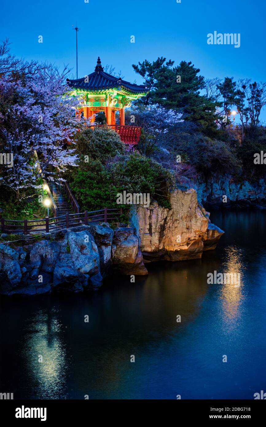 Scenic Yongyeon Pond with Yongyeon Pavilion illuminated at night, Jeju islands, South Korea ...