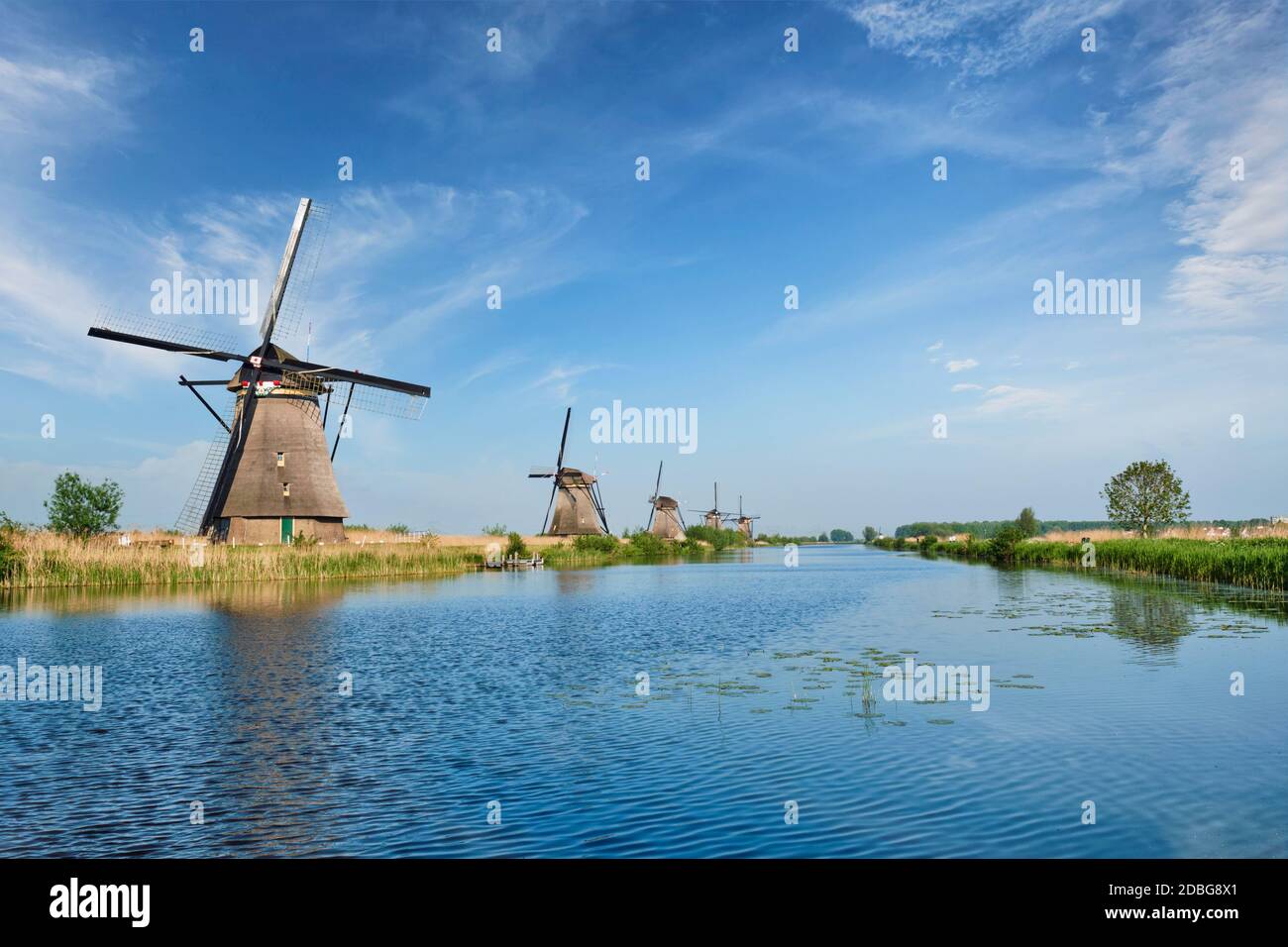 Netherlands rural lanscape with windmills at famous tourist site ...