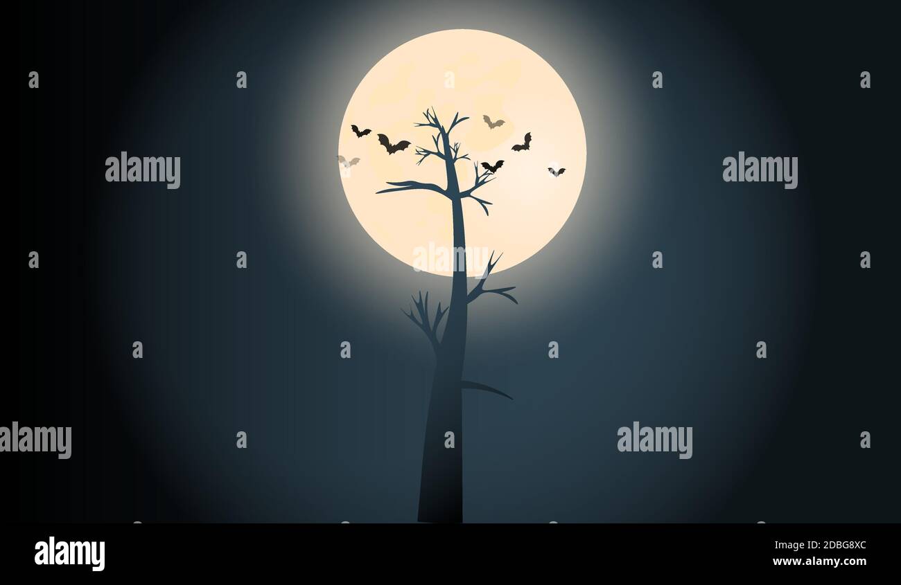 Halloween dark night sky. Bats fly near an ominous lonely tree against ...
