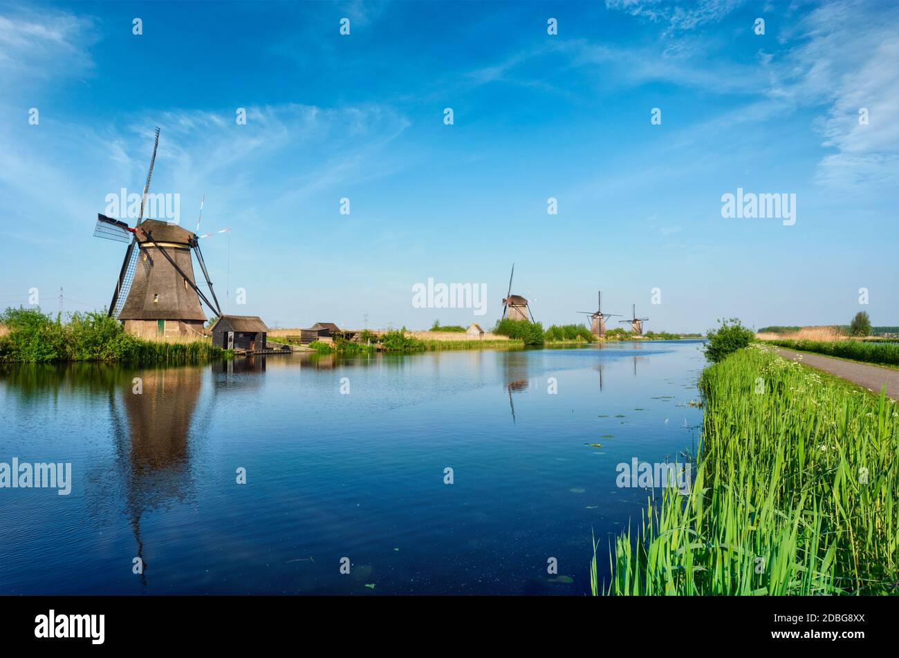 Netherlands rural lanscape with windmills at famous tourist site ...