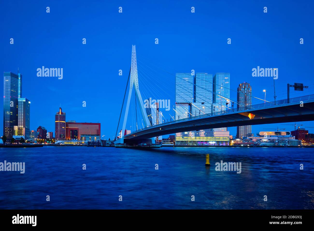 Erasmus Bridge (Erasmusbrug) and Rotterdam skyline illuminated at night ...