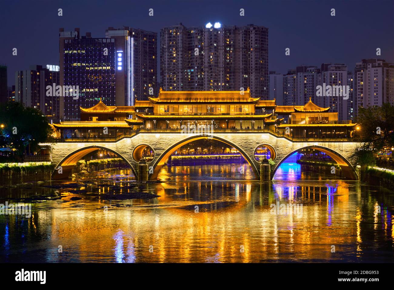 Famous landmark of Chengdu - Anshun bridge over Jin River illuminated ...