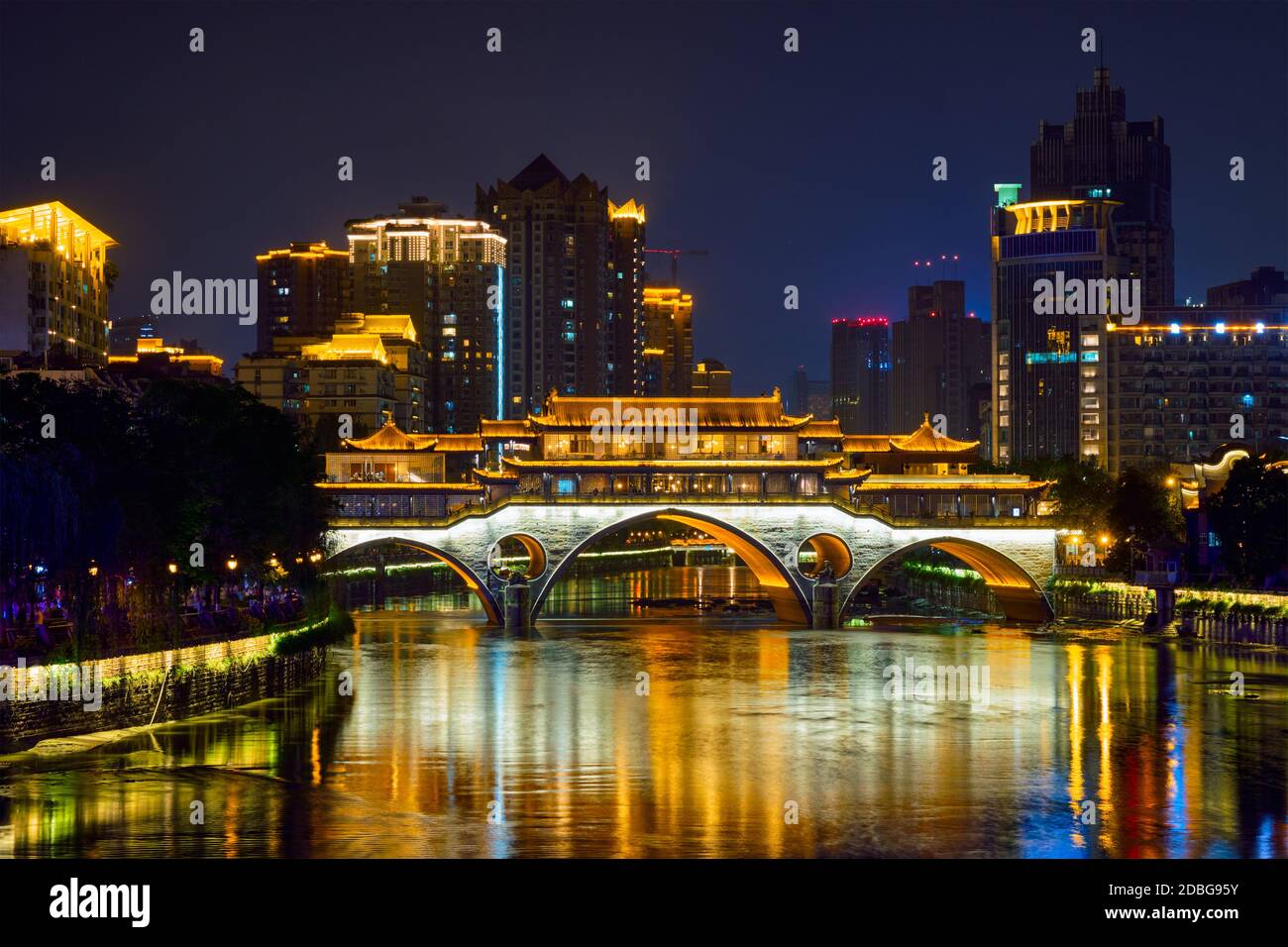Famous landmark of Chengdu - Anshun bridge over Jin River illuminated ...
