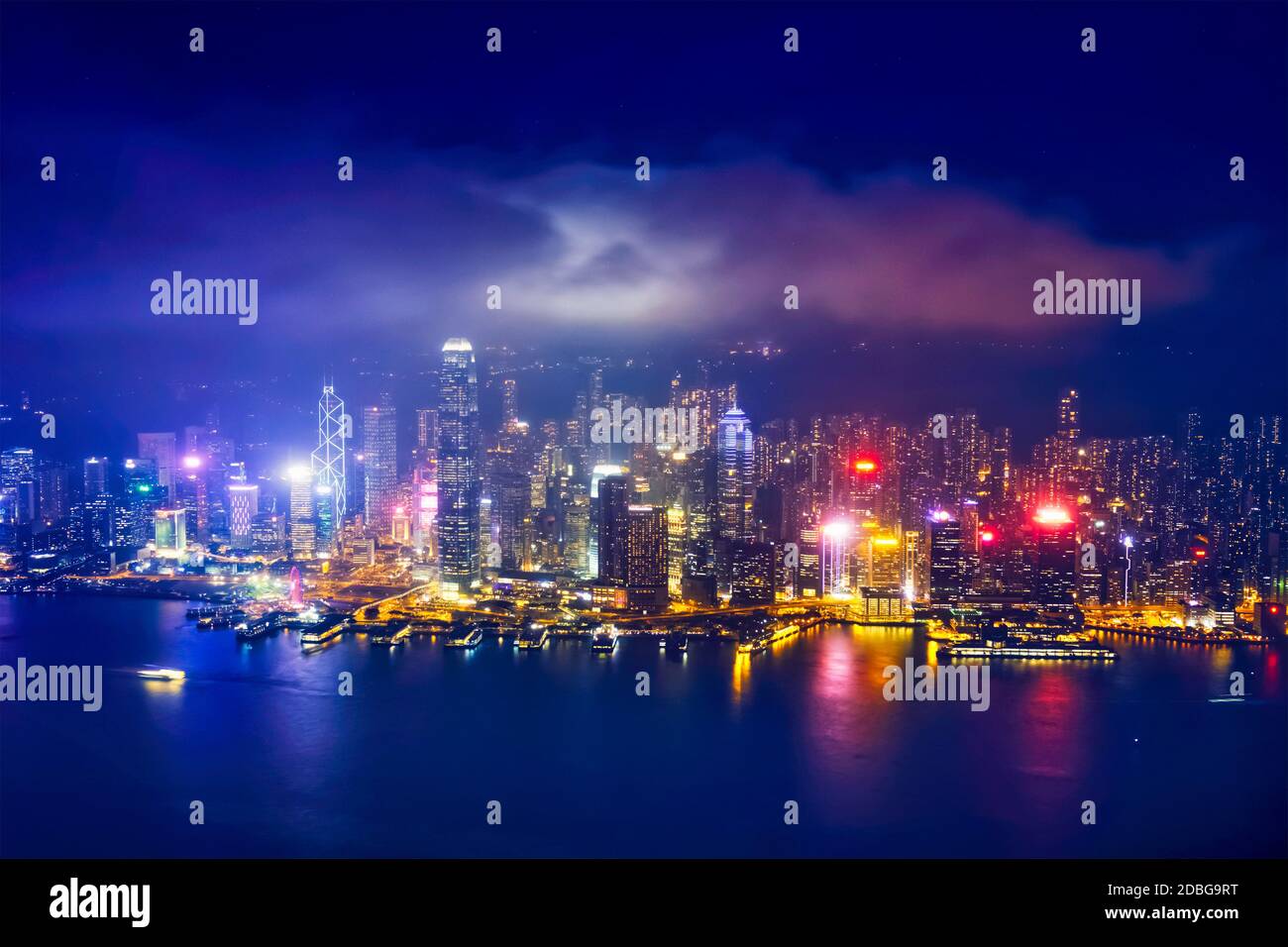 Aerial view of illuminated Hong Kong skyline cityscape downtown ...
