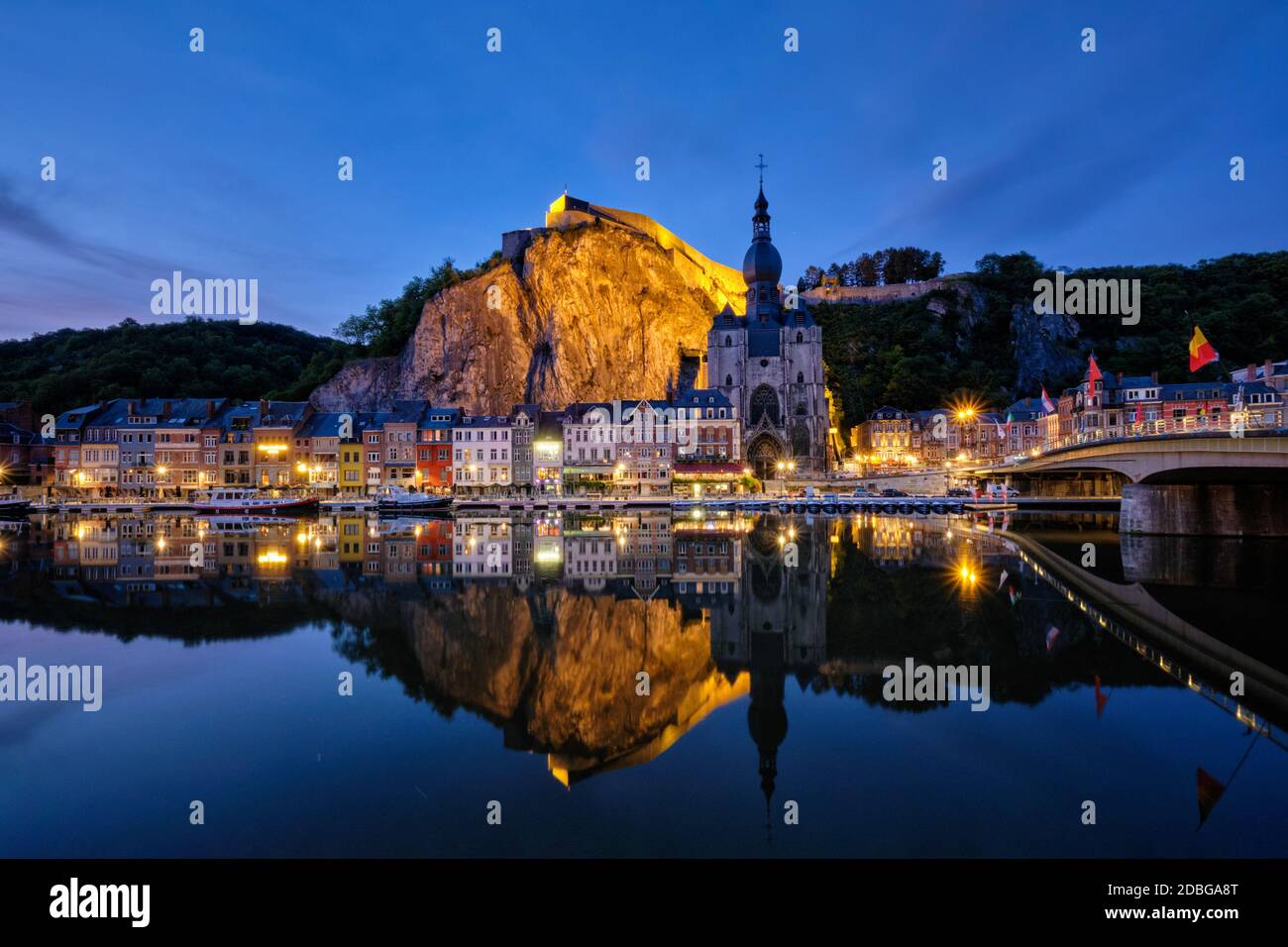 Night view of Dinant town, Collegiate Church of Notre Dame de Dinant ...