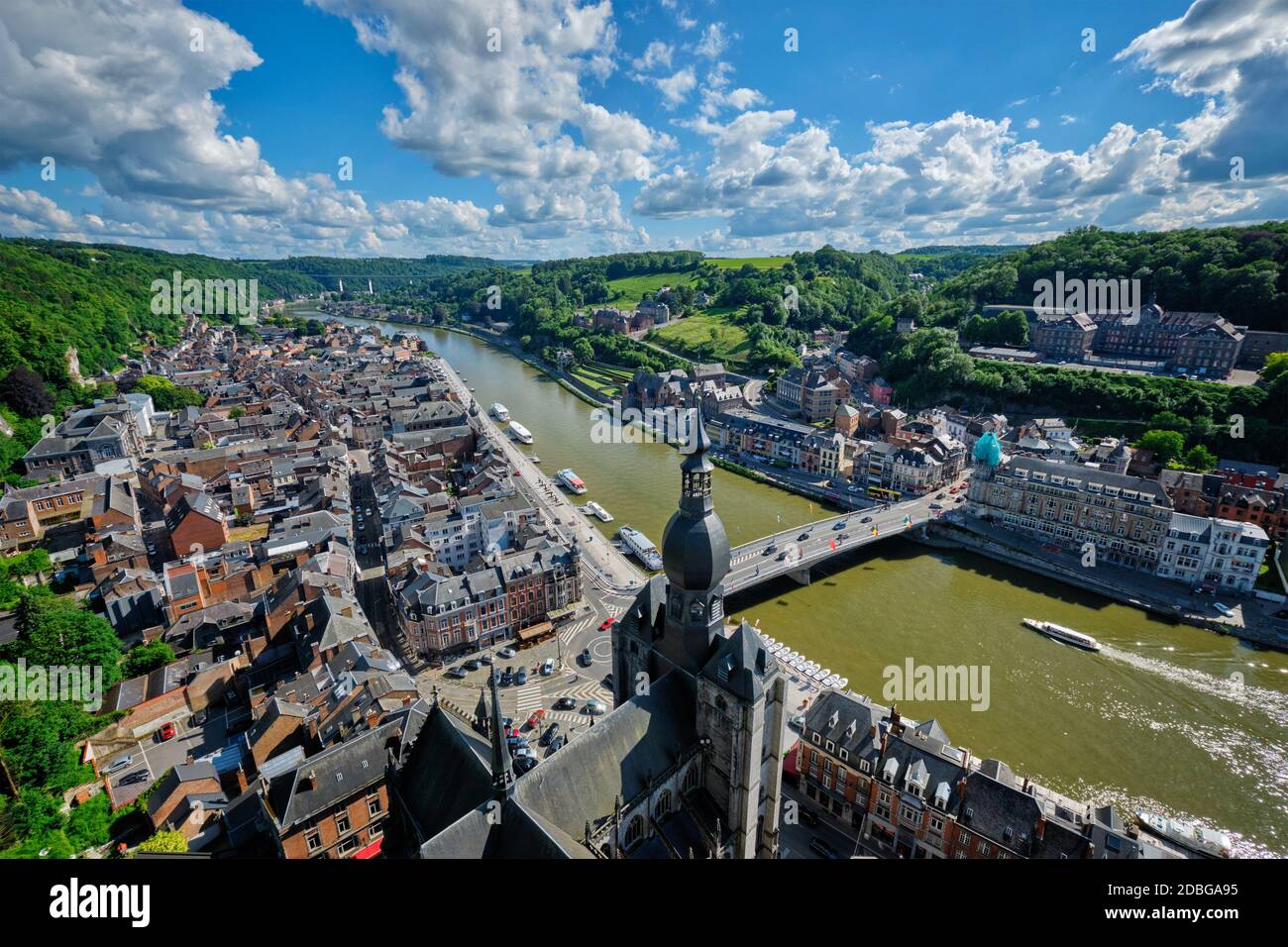 Aerial view of Dinant town, Collegiate Church of Notre Dame de Dinant ...