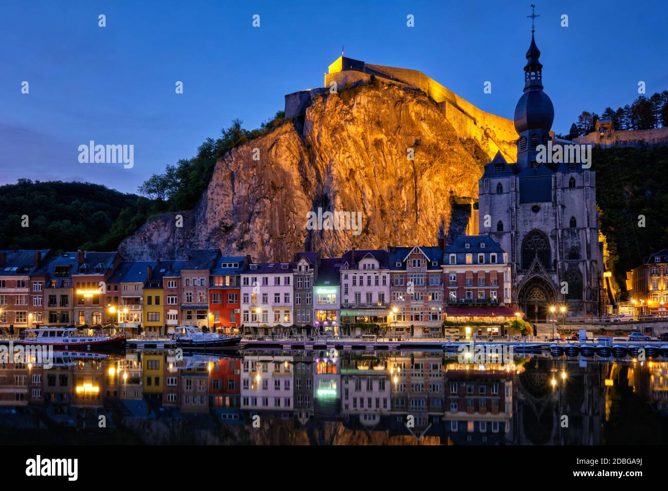 Night view of Dinant town, Collegiate Church of Notre Dame de Dinant ...