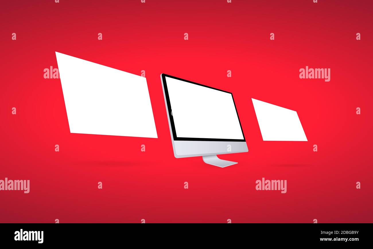 Realistic computer monitor in side view. Metal desktop mockup with ...