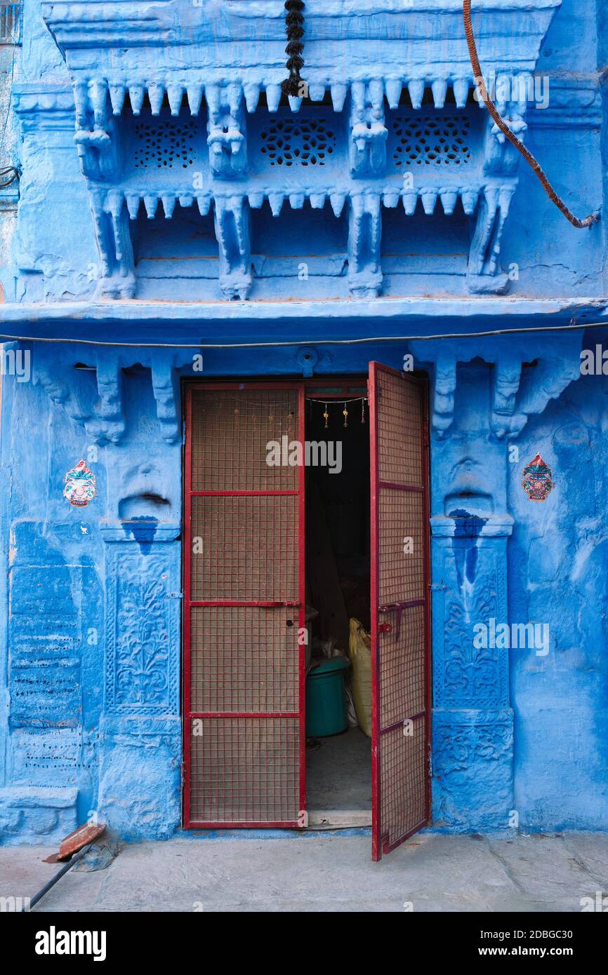 Blue house facade in streets of of Jodhpur, also known as "Blue City ...