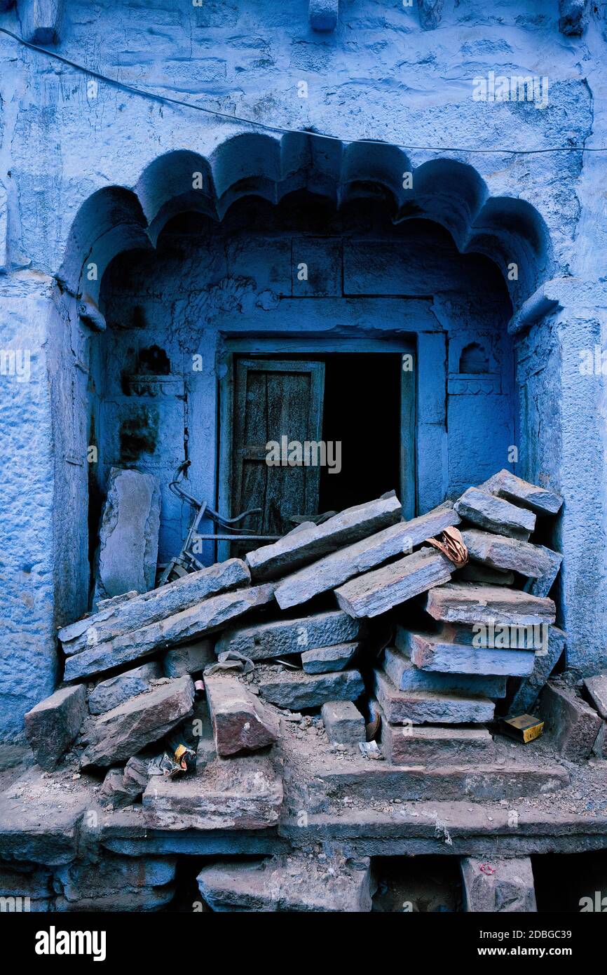 Blue house facade in streets of of Jodhpur, also known as "Blue City ...