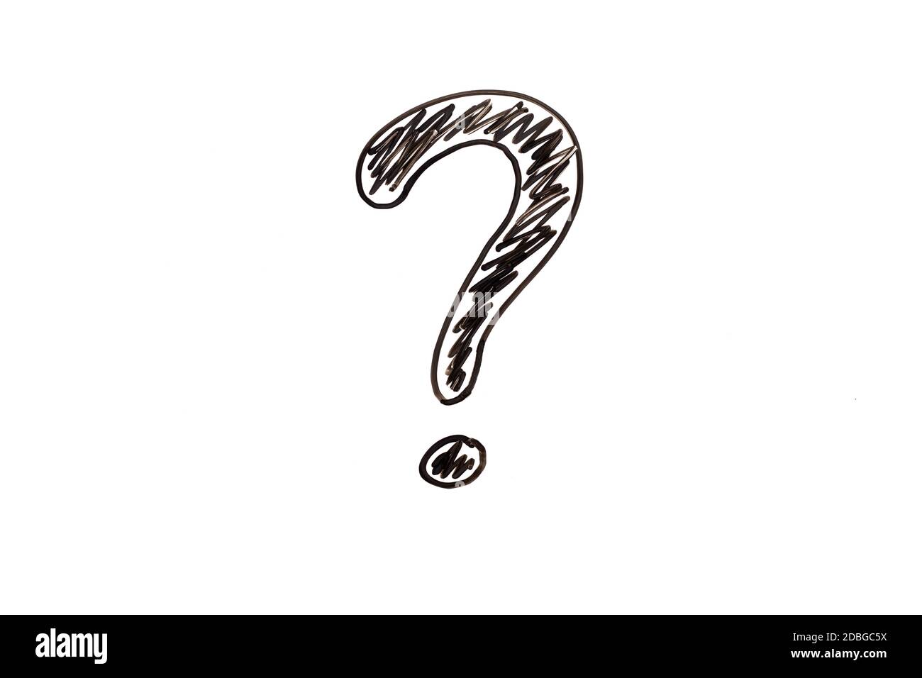 Black color hand drawing in question mark shape on white board ...