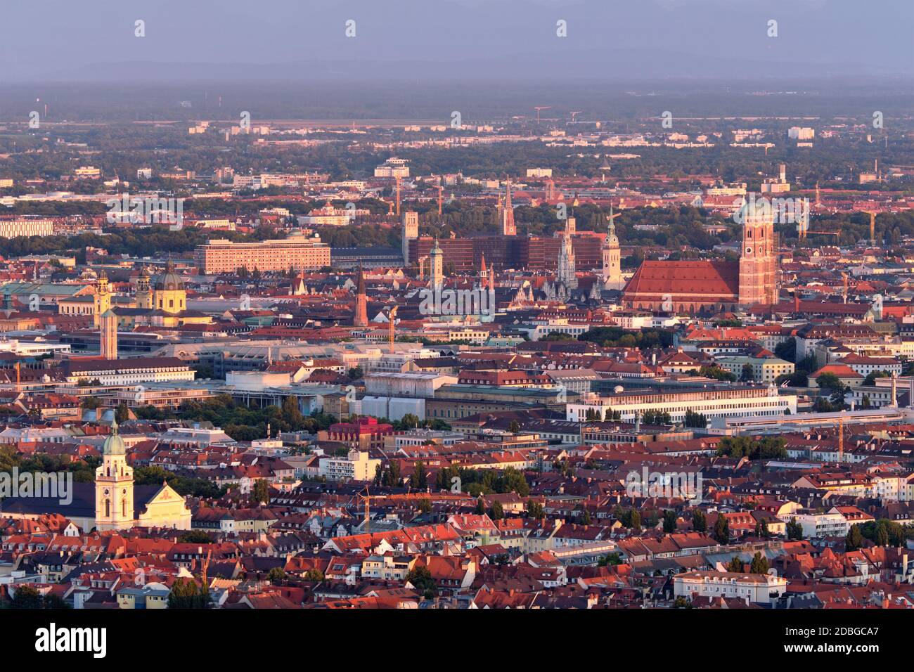 Aerial view of Munich center from Olympiaturm (Olympic Tower) on sunset ...