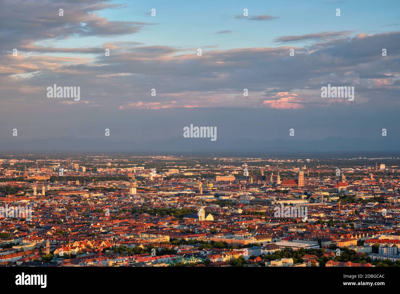 Aerial view of Munich center from Olympiaturm (Olympic Tower) on sunset ...