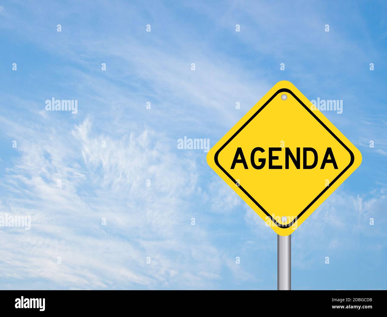 Yellow color transportation sign with word agenda on blue cloud sky ...