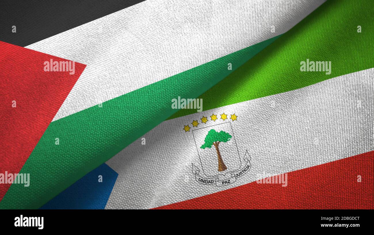 Palestine and Equatorial Guinea two flags textile cloth, fabric texture ...