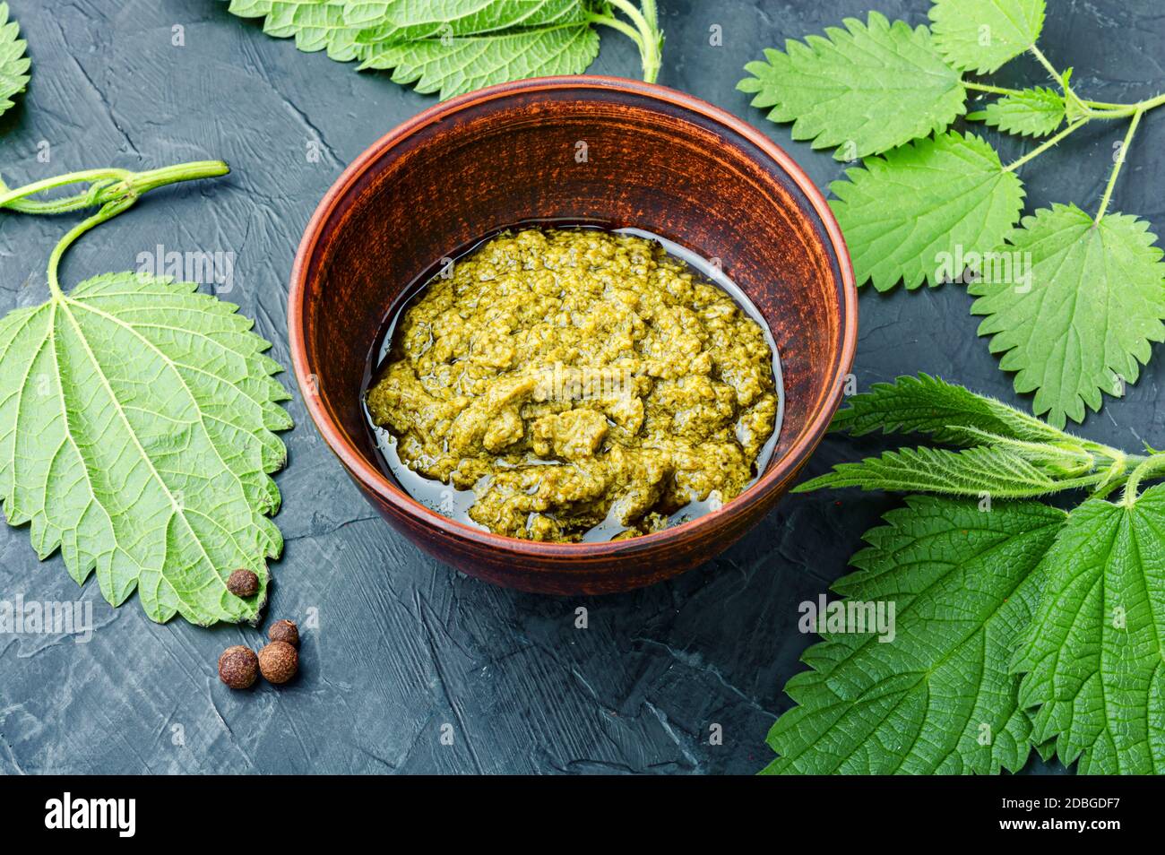 Homemade summer nettle leaf sauce.Appetizing herbal sauce for food ...
