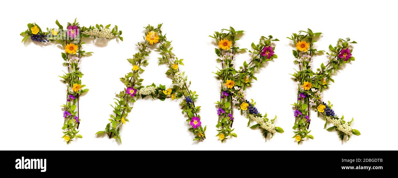 Flower, Branches And Blossom Letter Building Norwegian Word Takk Means Thank You. White Isolated ...