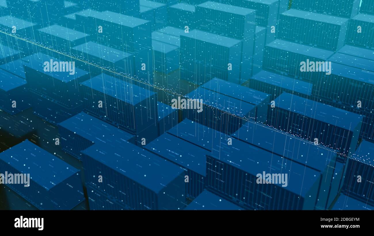 warehouse with stacks of shipping containers with a futuristic ...