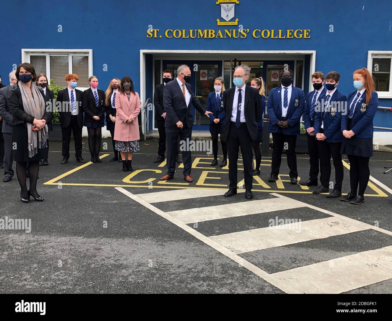 Northern Ireland First Minister Arlene Foster (far left) and Stormont Education Minister Peter ...