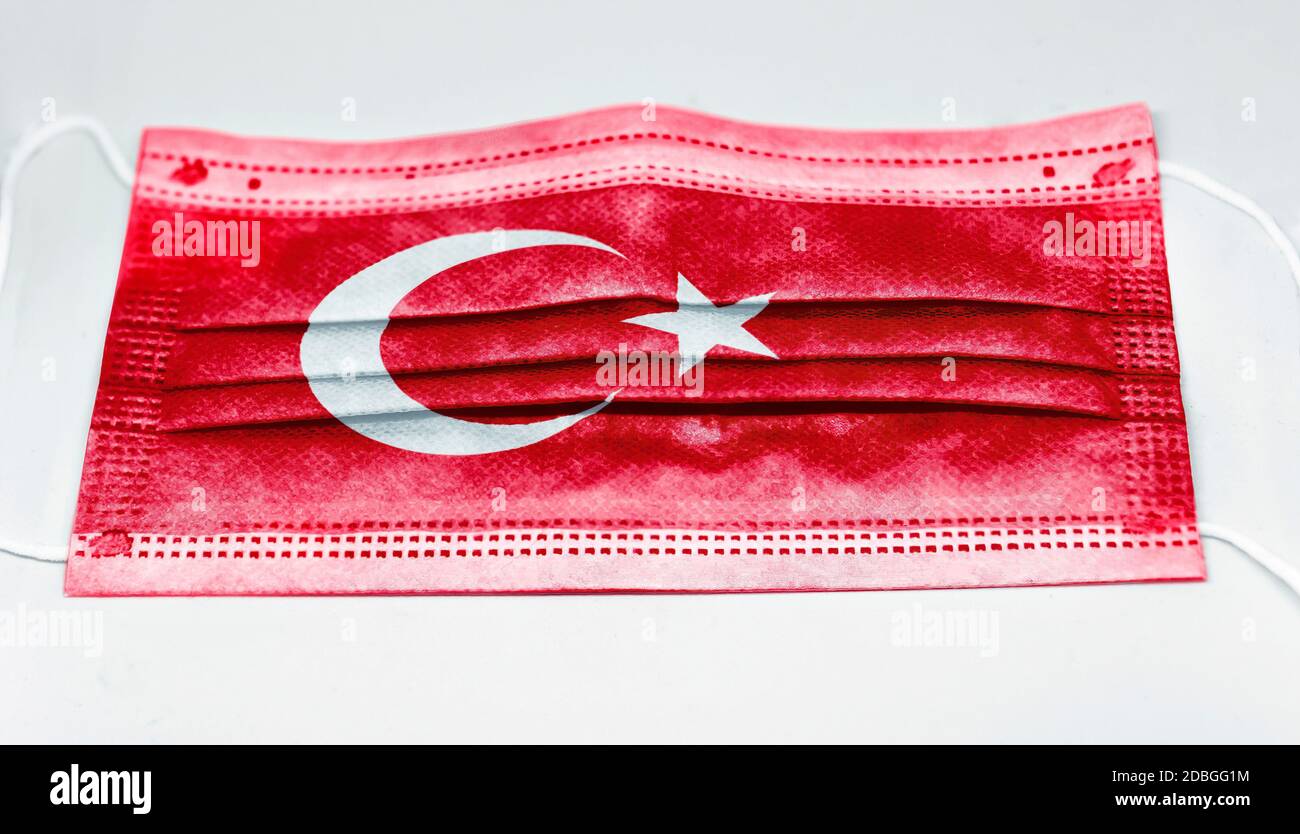 surgical mask with the national flag of Turkey printed. Pandemic covid ...