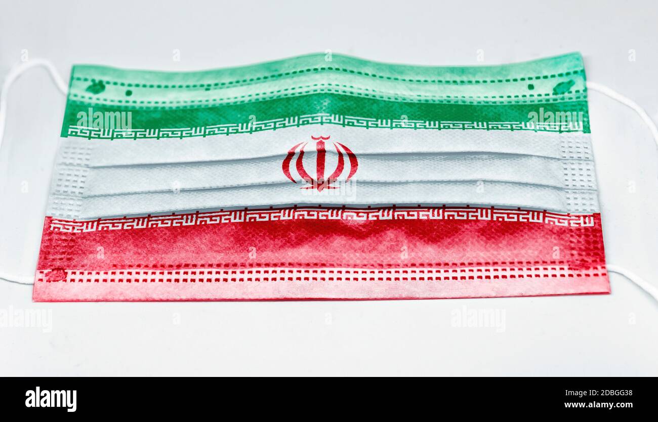 surgical mask with the national flag of Iran printed. Pandemic covid-19 ...